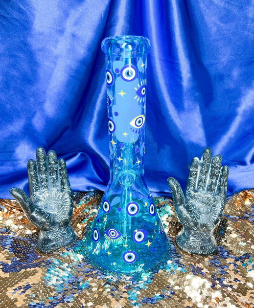🔮 Blue Evil Eye Hamsa Beaker Bong 10″ | Spiritual Glass Water Pipe