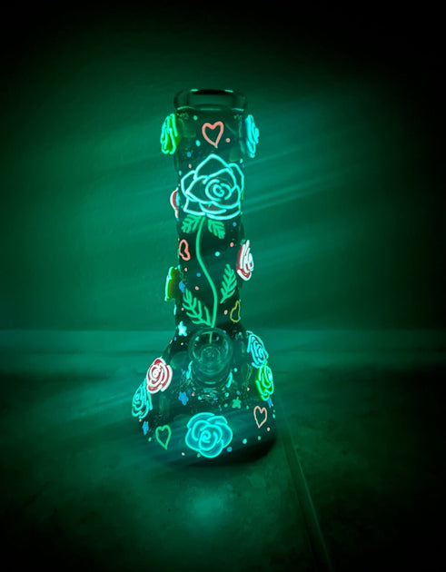 Glowing Roses Beaker Bong | Glow-in-the-Dark Floral Glass Bong