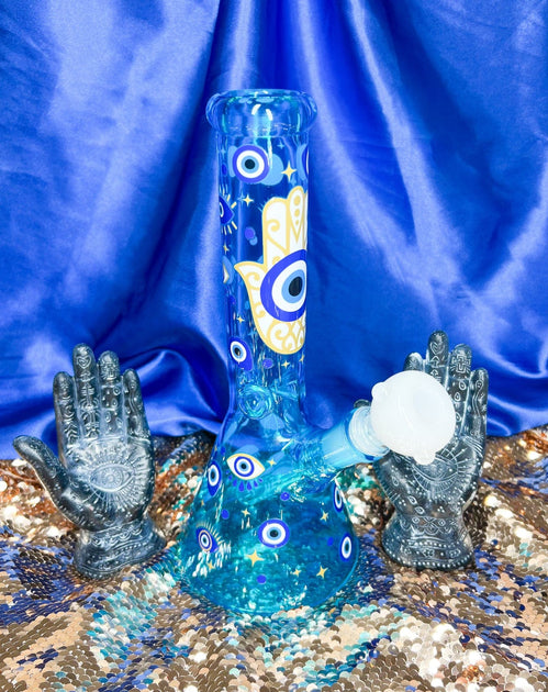 🔮 Blue Evil Eye Hamsa Beaker Bong 10″ | Spiritual Glass Water Pipe