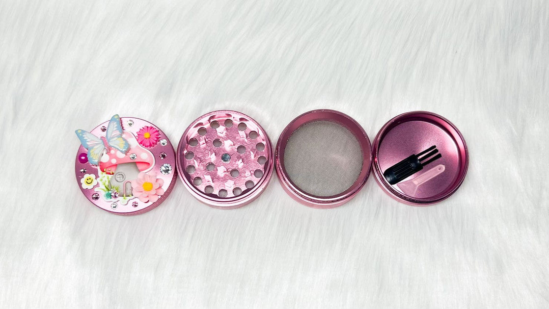 Pink Mushroom Butterfly Crystal Grinder 🍄🦋 | 55mm 4-Piece | StayLit