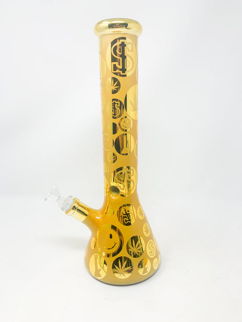 Metallic Gold Smiley Face 12 Inch Beaker Bong|StayLit Design